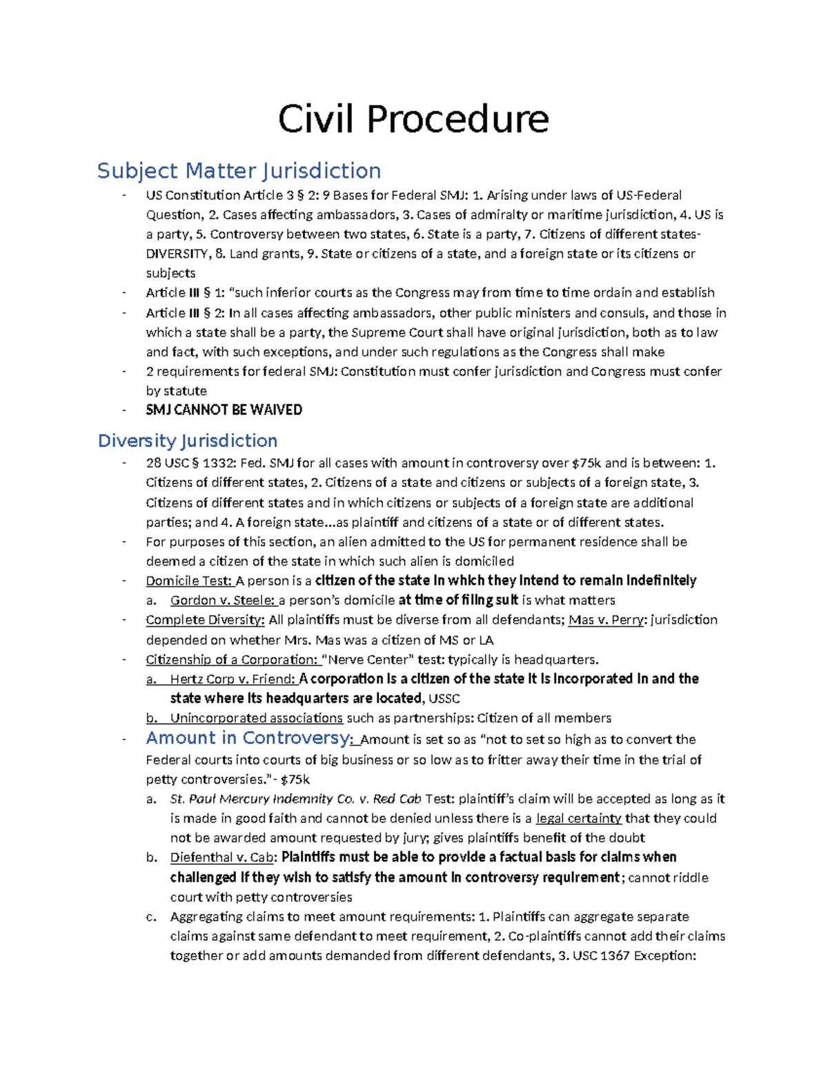 CIV PRO Outline - Civil Procedure Subject Matter Jurisdiction - US ...