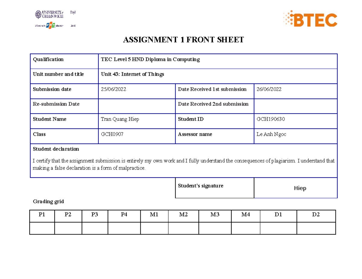 Assignment 1 Io T - asm1 - ASSIGNMENT 1 FRONT SHEET Qualification TEC Level 5 HND Diploma in ...
