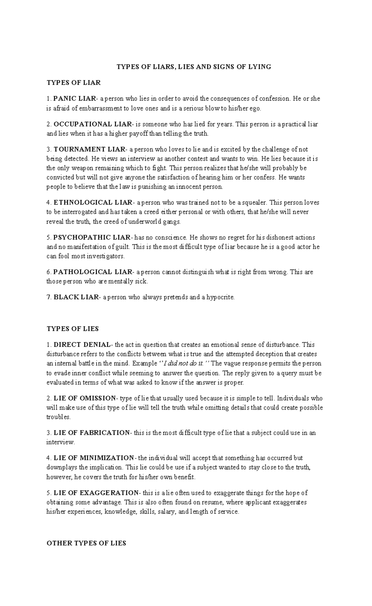 Poly2-notes - polygraphy notes - TYPES OF LIARS, LIES AND SIGNS OF ...
