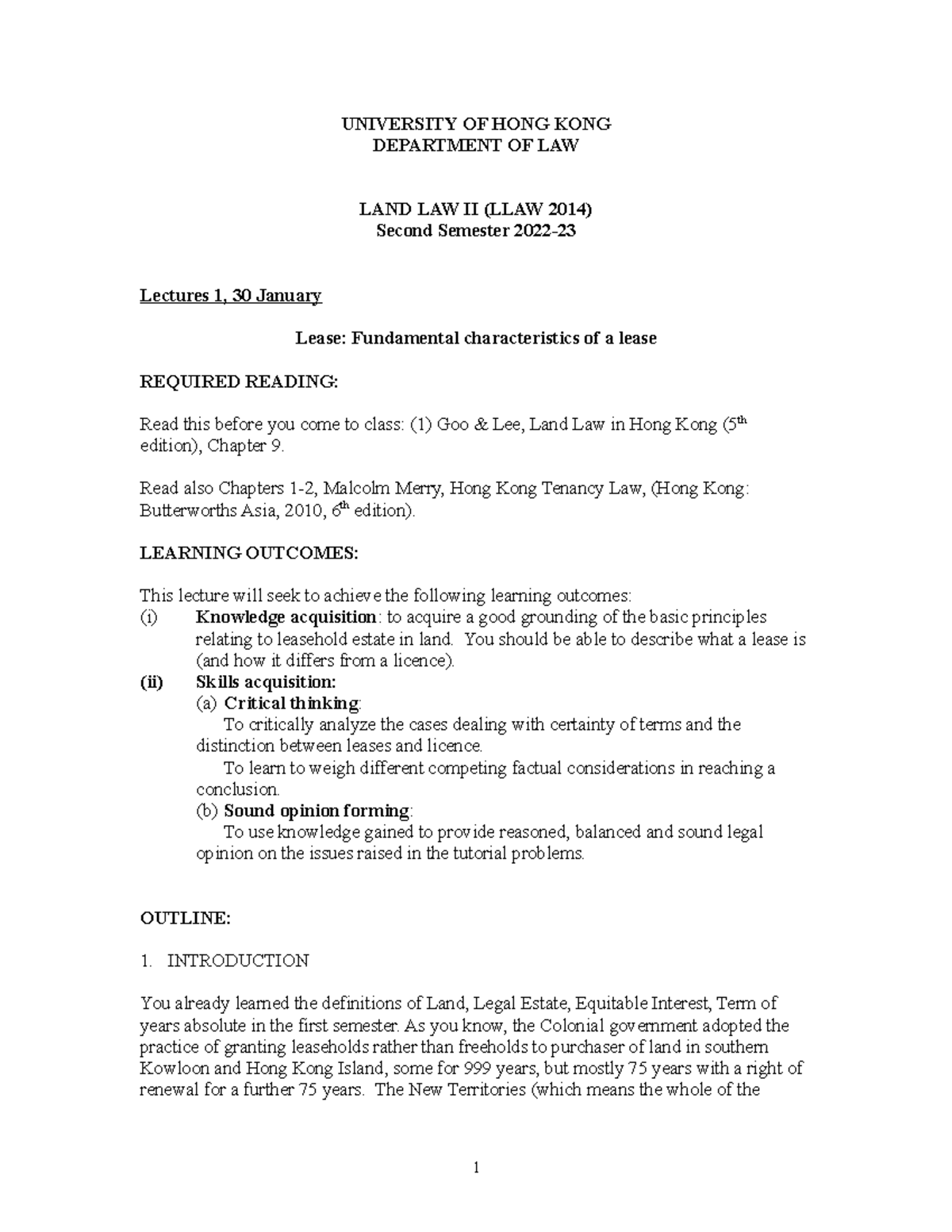 Lecture notes - UNIVERSITY OF HONG KONG DEPARTMENT OF LAW LAND LAW II ...