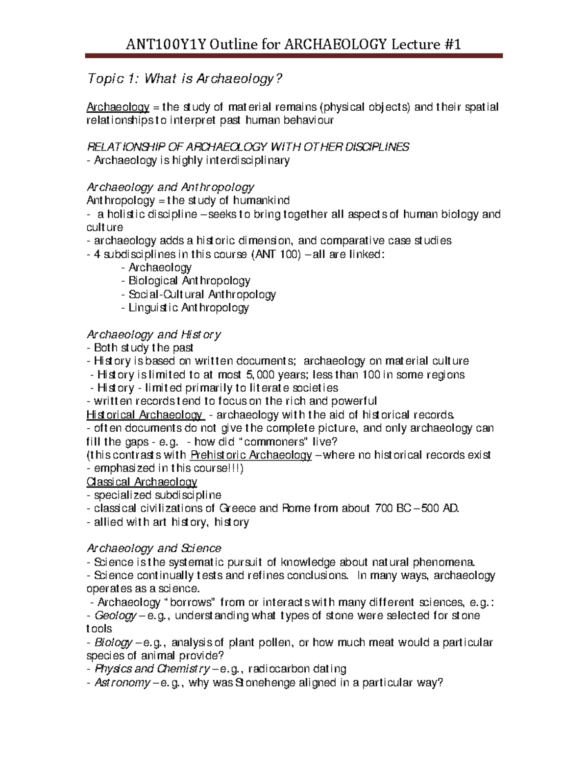 AnthropologyLecture - ANT100Y1Y Outline for ARCHAEOLOGY Lecture #1 ...