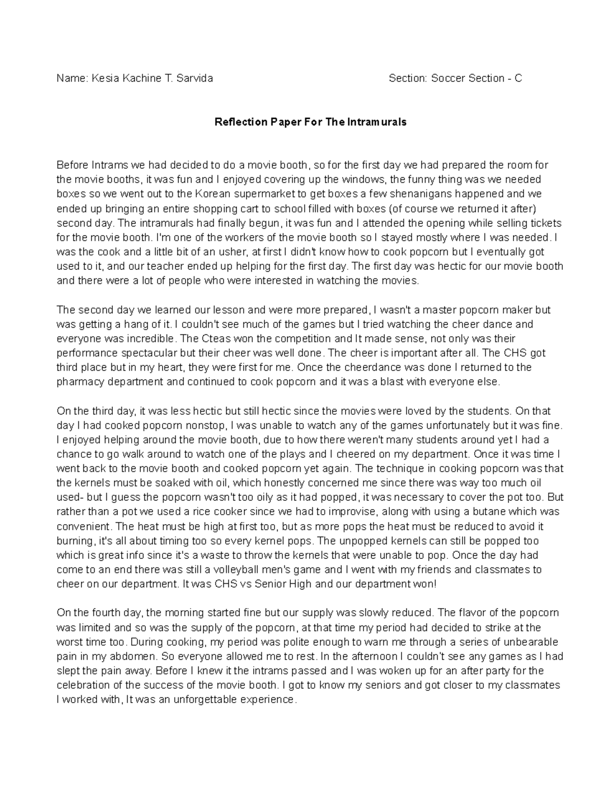 Reflection-Paper - N/A - Name: Kesia Kachine T. Sarvida Section: Soccer ...