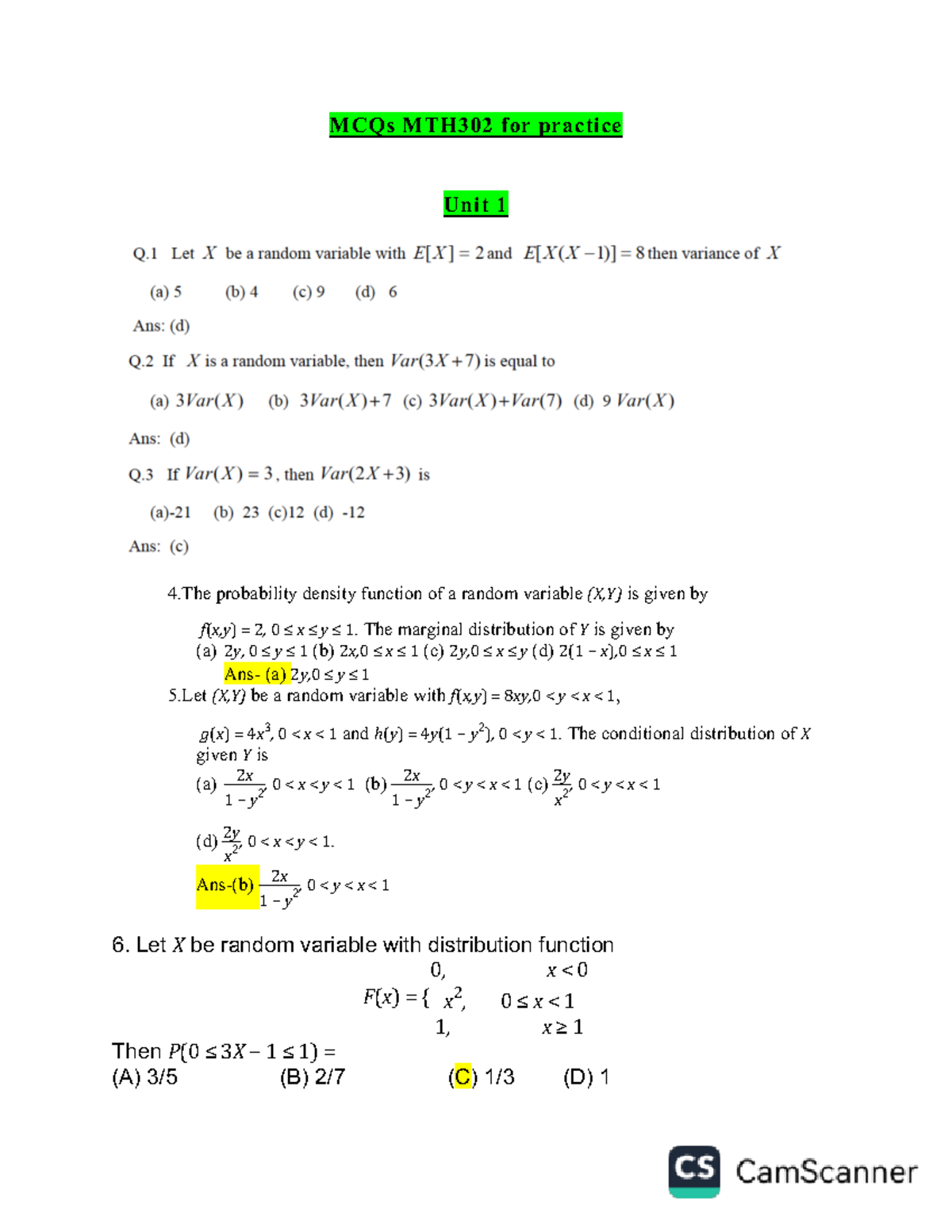 MCq mth302 compiled 1 - MCQs MTH302 for practice Unit 1 4 probability ...