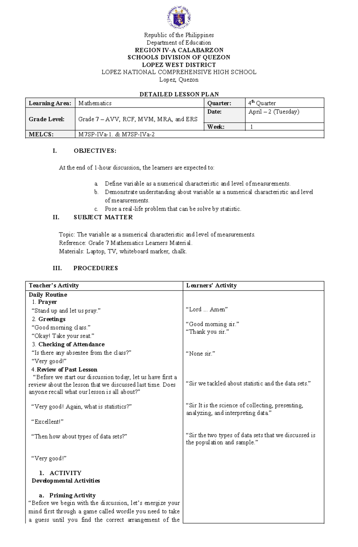 April 2-Detailed-Lesson-Plan Week 1 - Republic of the Philippines ...