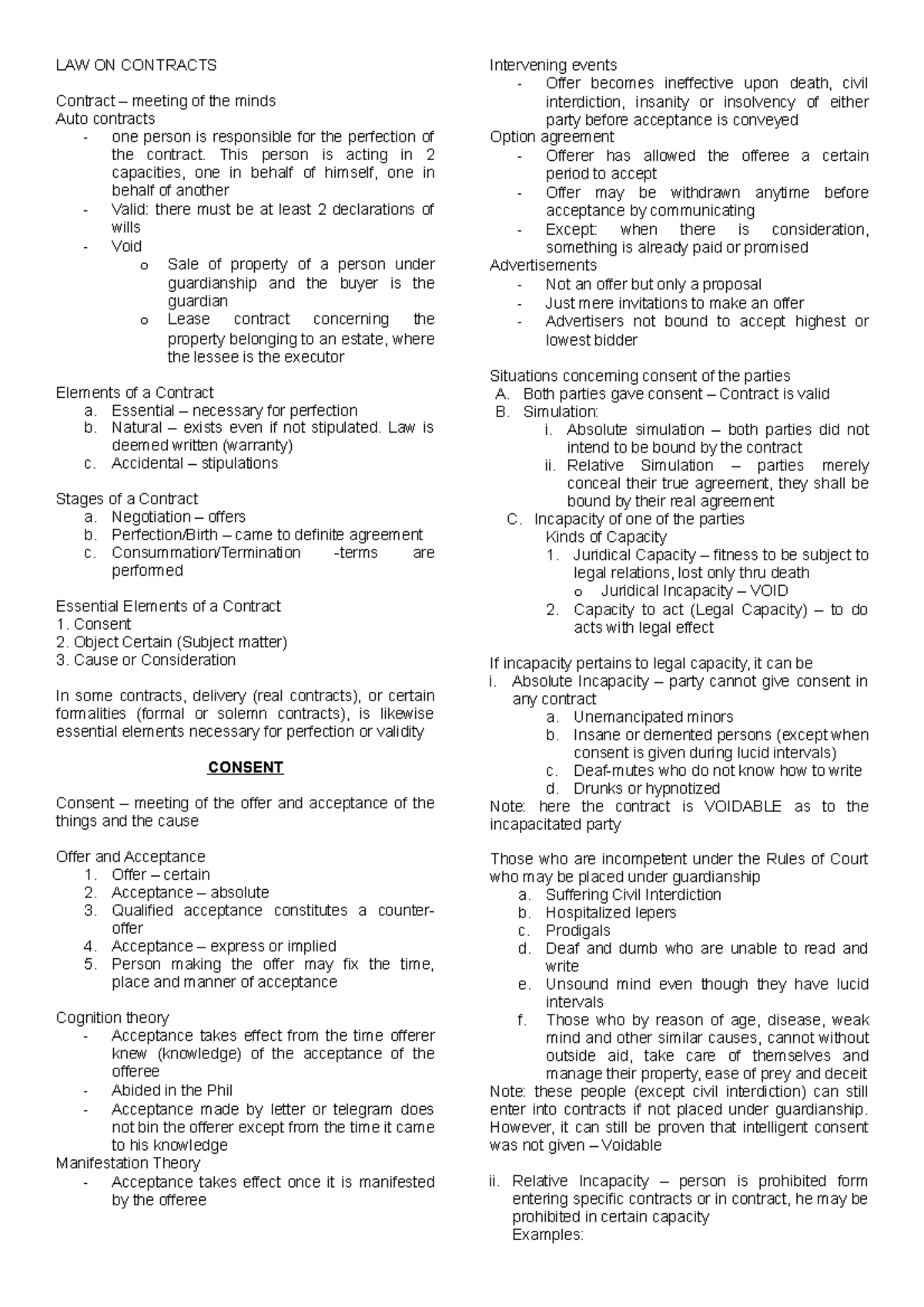 2.0 LAW ON Contracts - LAW ON CONTRACTS Contract – meeting of the minds ...