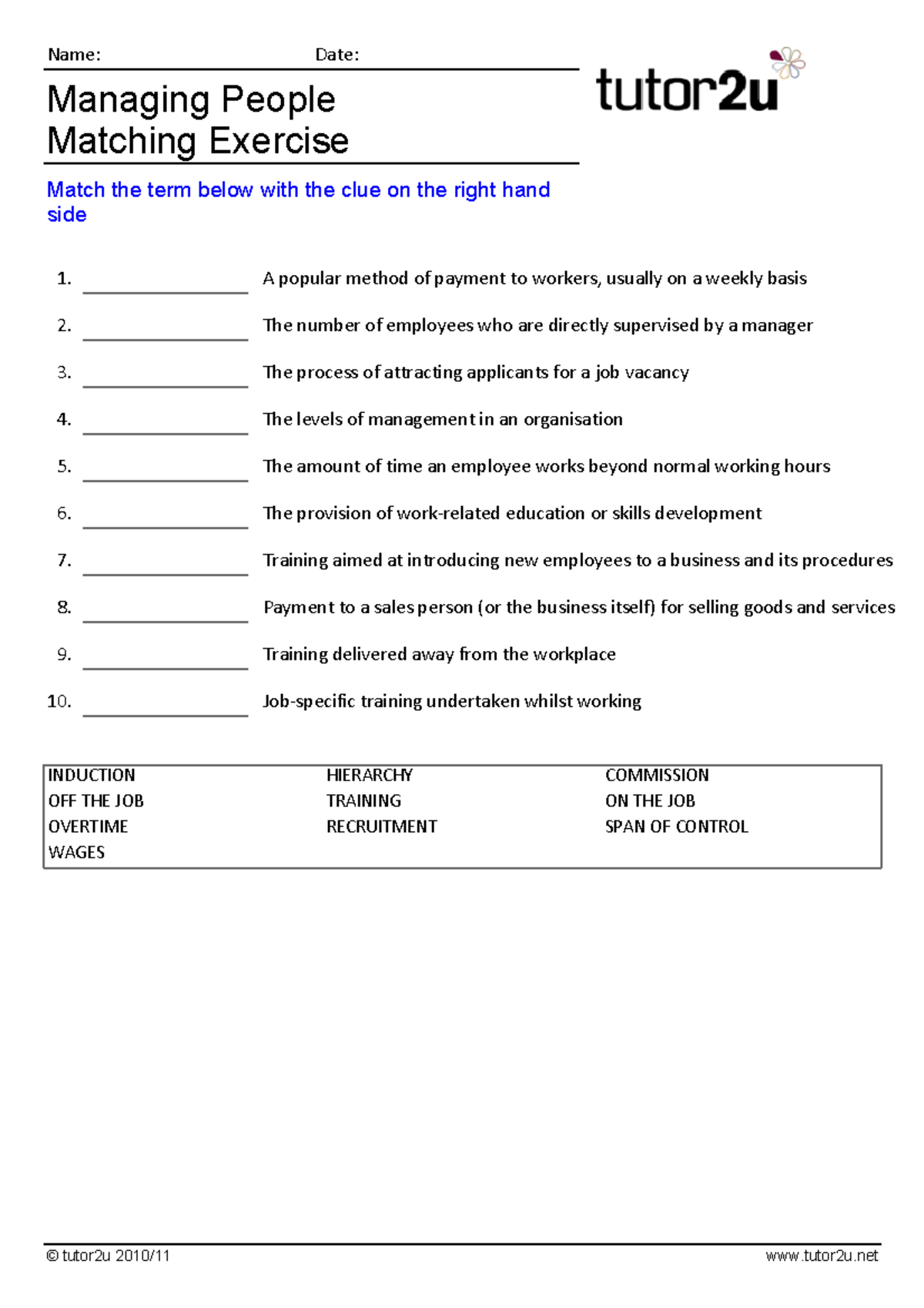 Worksheet On HR Terms Practice Work Tutor2u 2010 11 Tutor2u Name