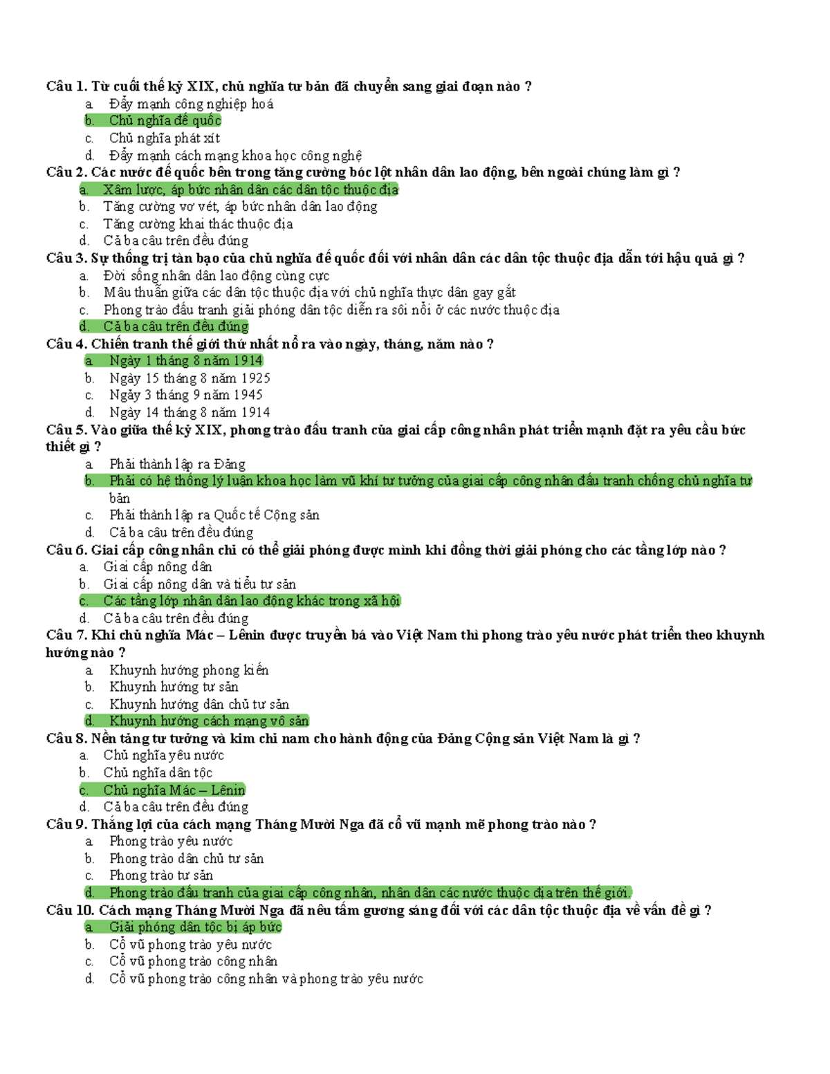 110 câu giai đoạn 30-39 - Câu 1. Từ cuối thế kỷ XIX, chủ nghĩa tư bản ...