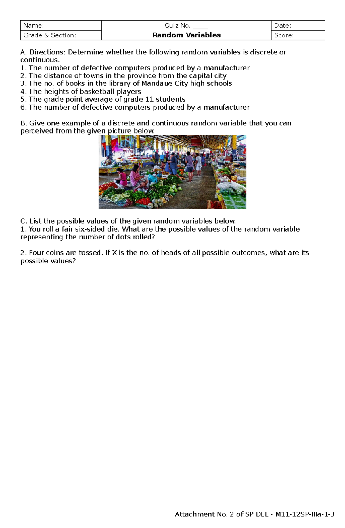 Quiz No. 1 - Random Variables - Attachment No. 2 of SP DLL - M11-12SP ...