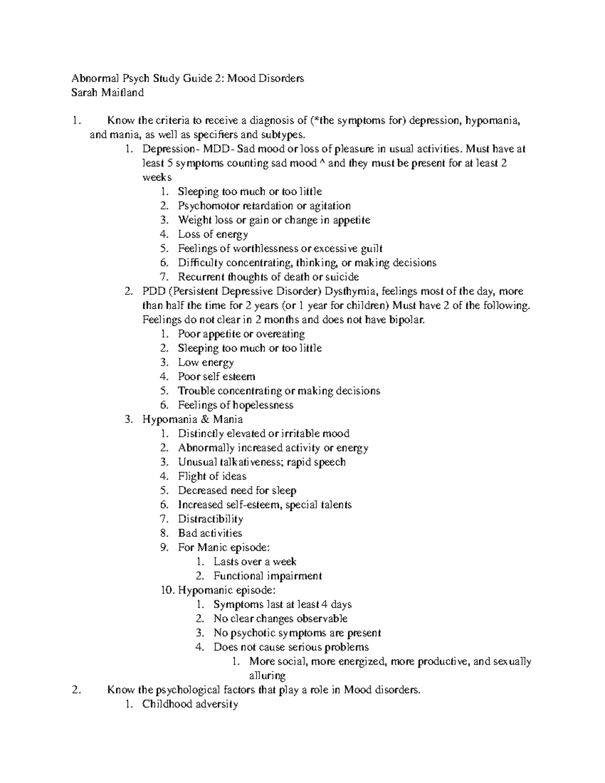 Abnormal Psych Study Guide 2 - 1. Depression- MDD- Sad mood or loss of ...