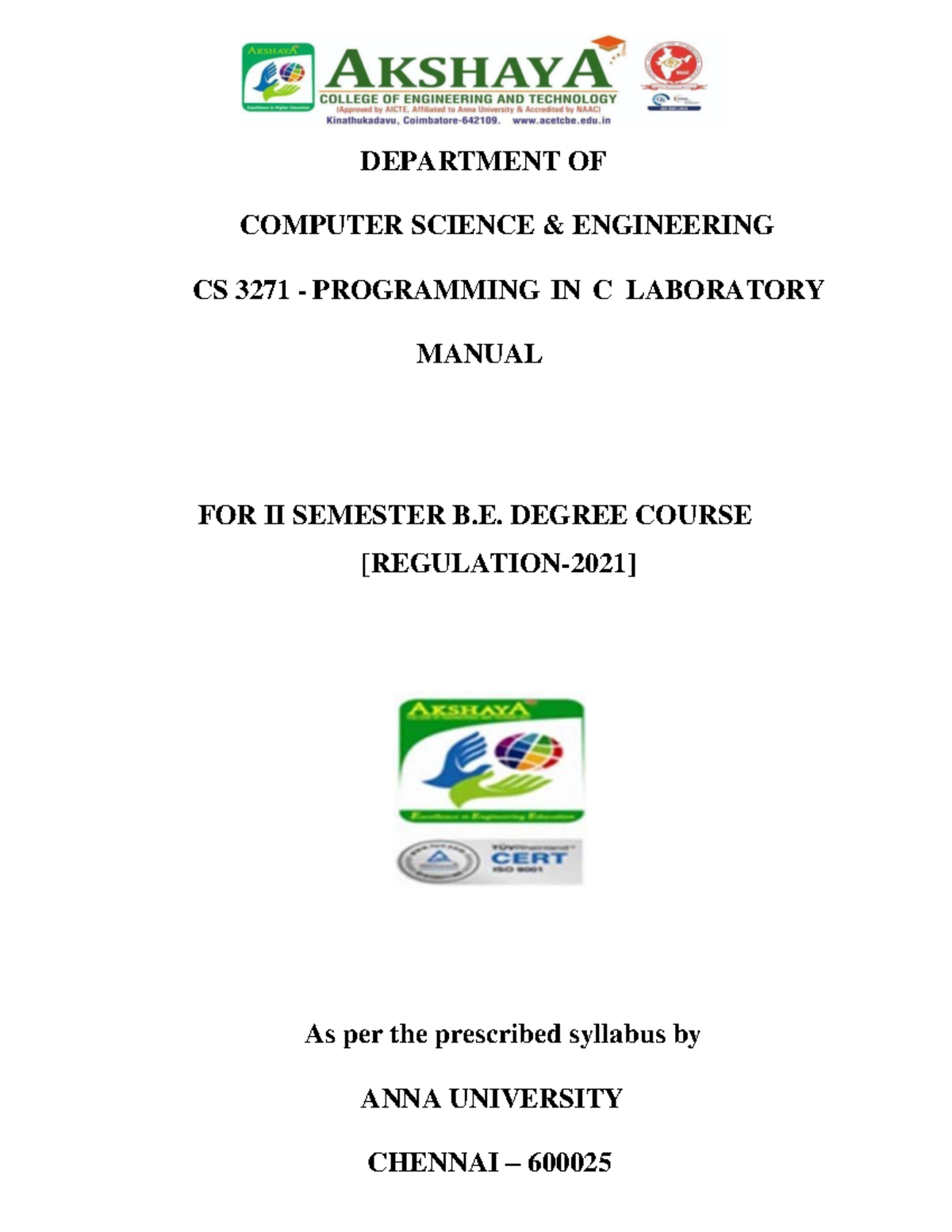 Front PAGE C LAB Final (1) - DEPARTMENT OF COMPUTER SCIENCE & ENGINEERING CS 3271 - PROGRAMMING ...