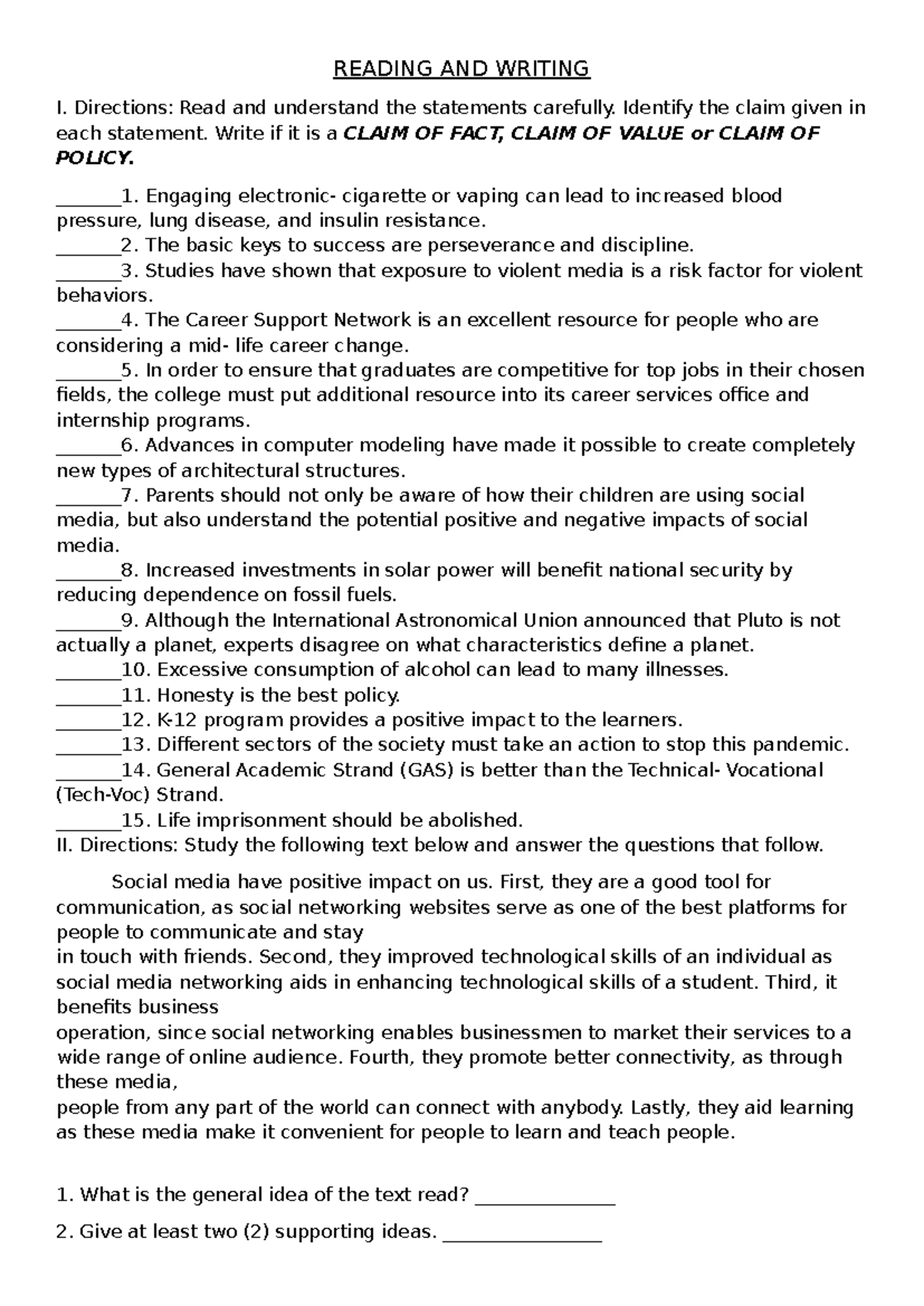 Reading AND Writing quiz module 3 q3 - READING AND WRITING I ...