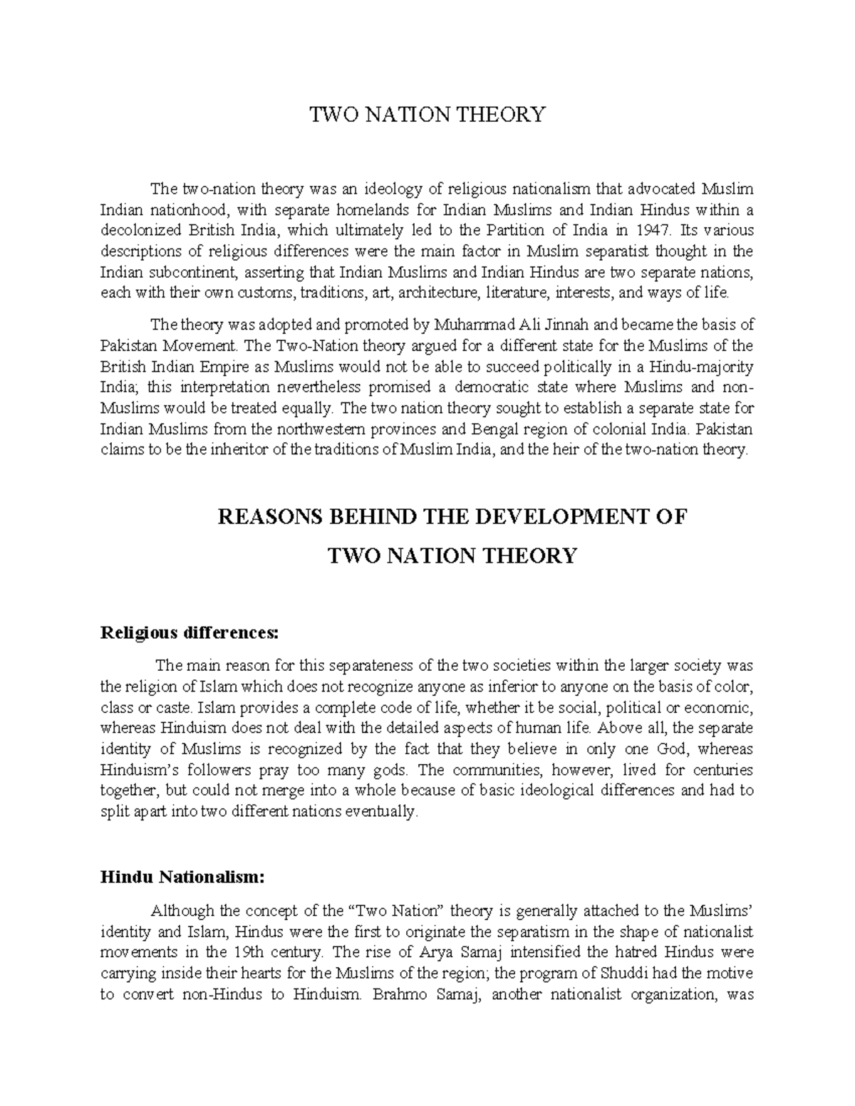 TWO Nation Theory - TWO NATION THEORY The two-nation theory was an ...