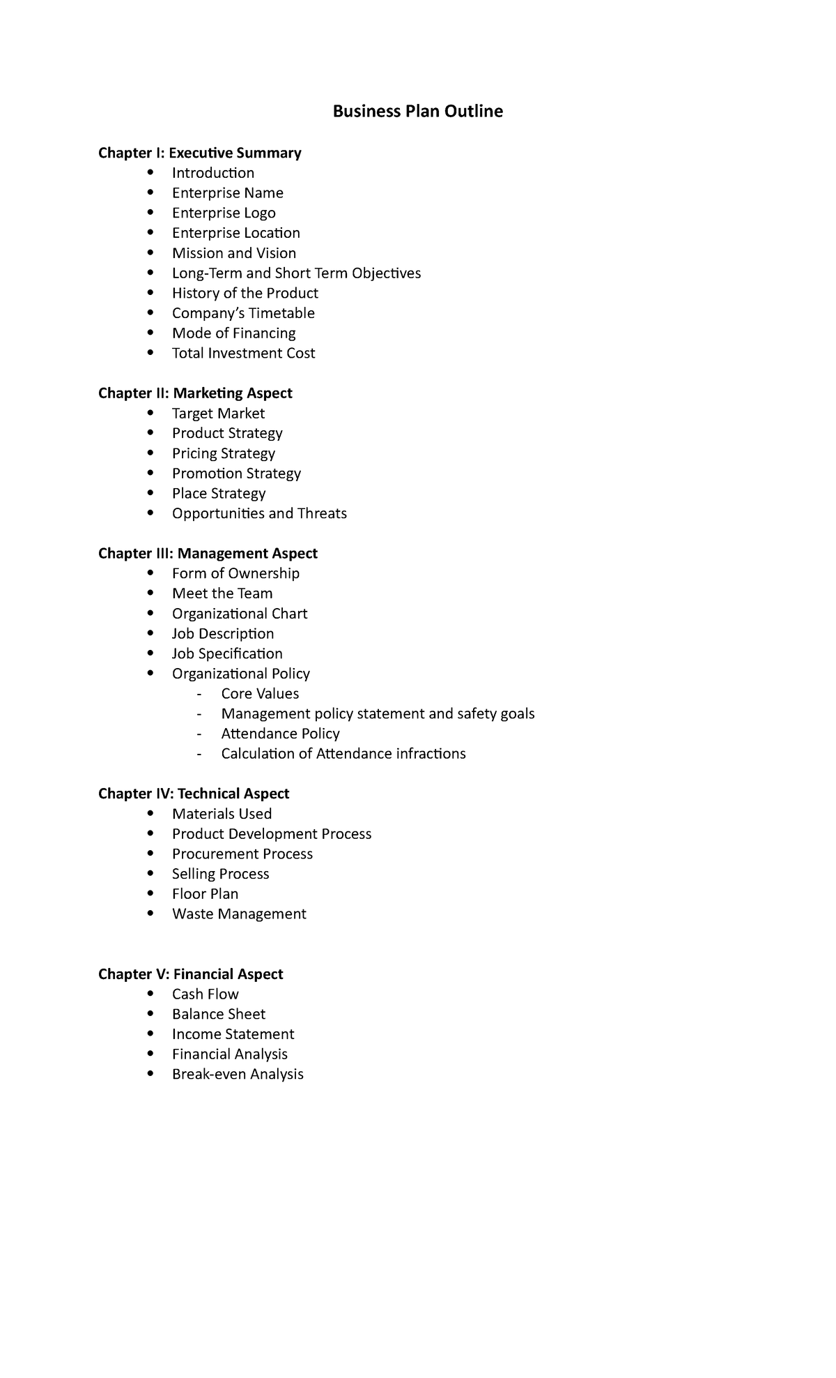Entrep Business Plan Outline - Business Plan Outline Chapter I ...