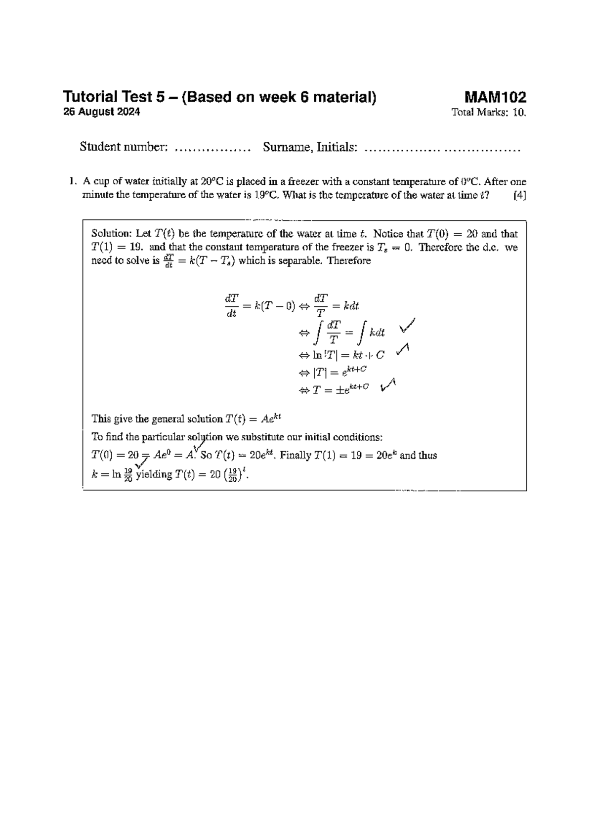 Tutorial test 5 Solutions - Tutorial Test 5 (Based on week 6 material ...