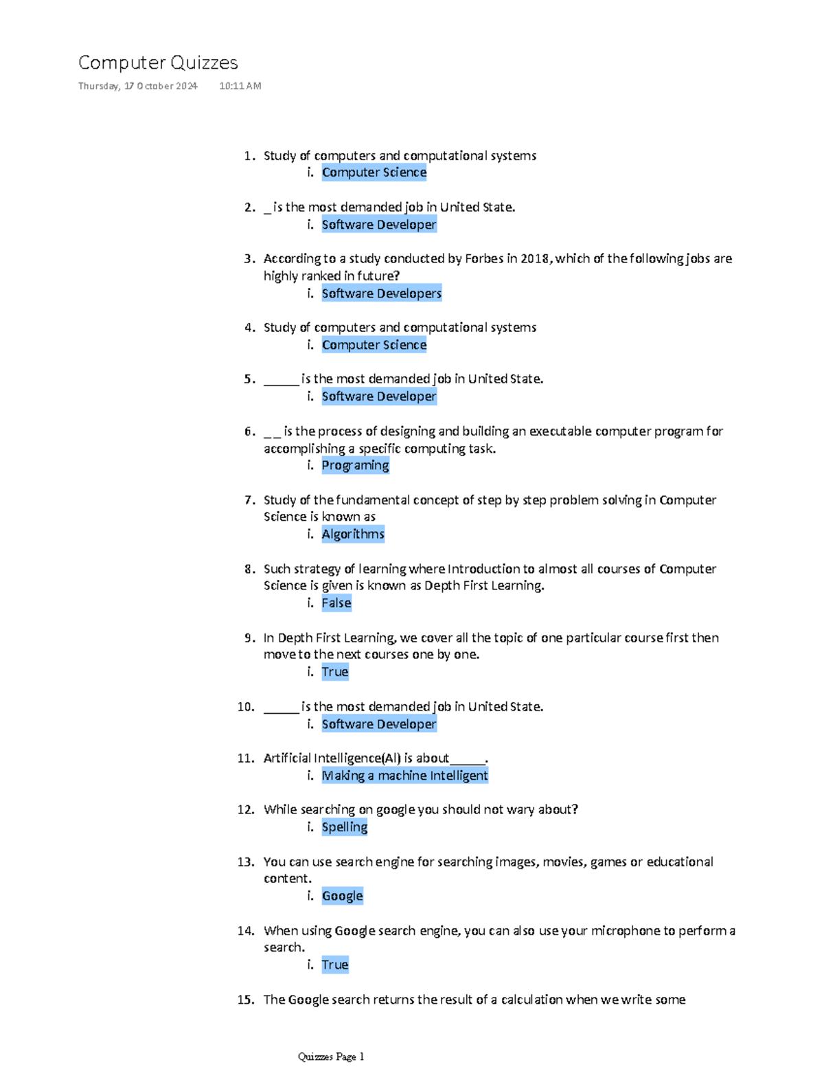 Cs101 - Study of computers and computational systems i. Computer ...