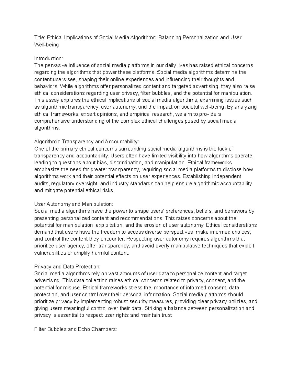 Title Ethical Implications of Social Media Algorithms Balancing ...