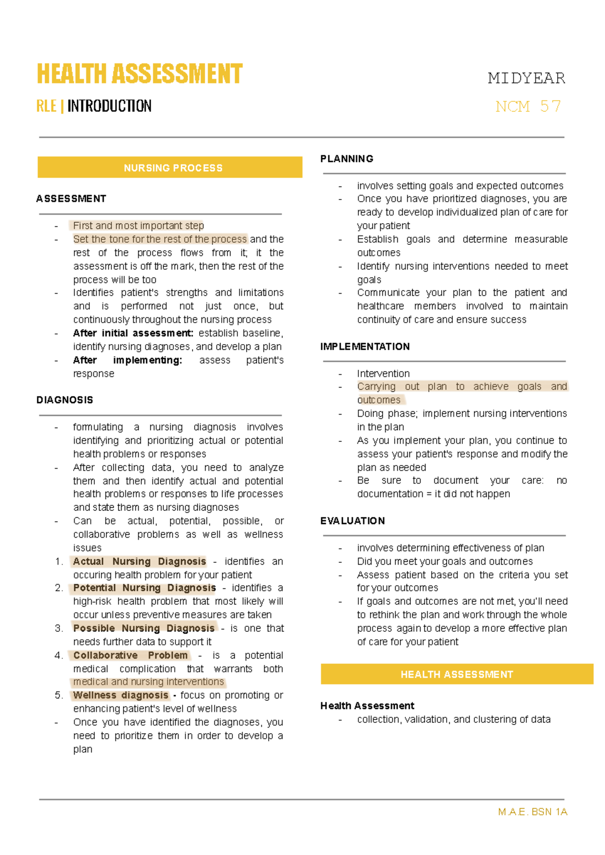 1 - Reviewer - HEALTH ASSESSMENT MIDYEAR RLE | INTRODUCTION NCM 57 ...