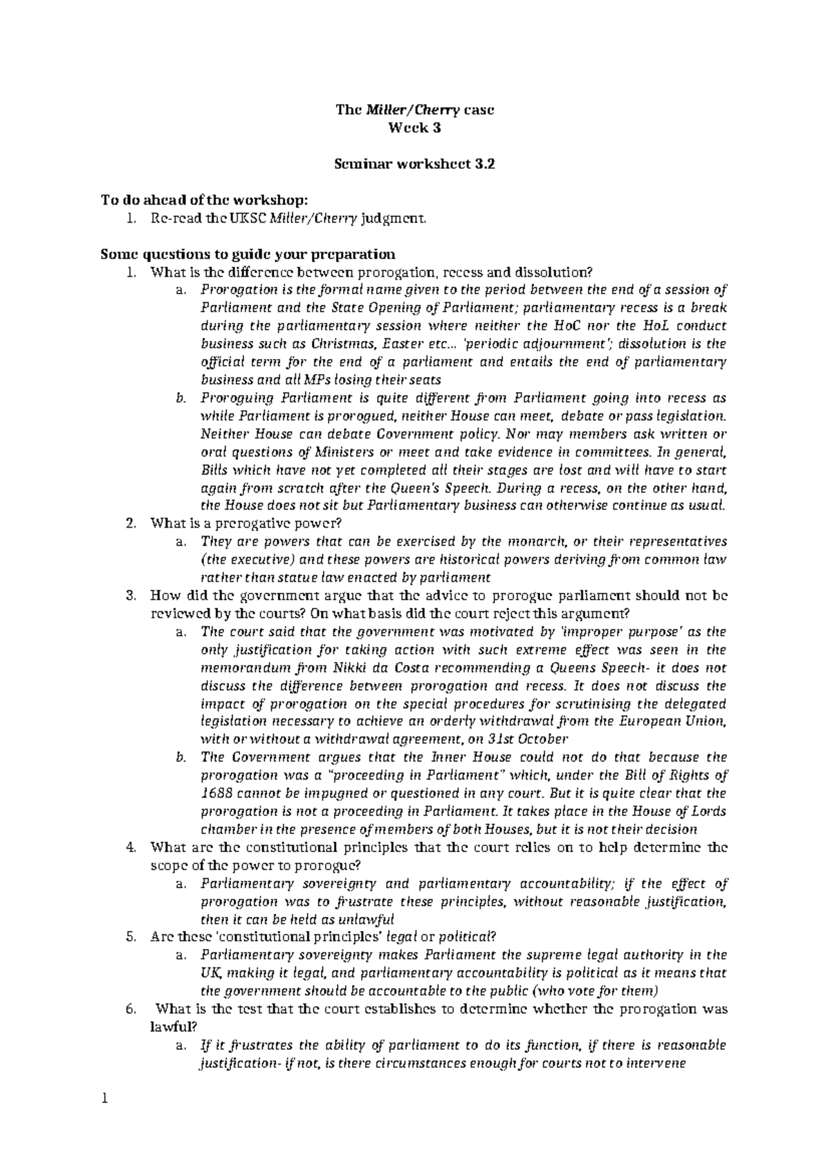 Miller - The Miller/Cherry case Week 3 Seminar worksheet 3. To do ahead ...