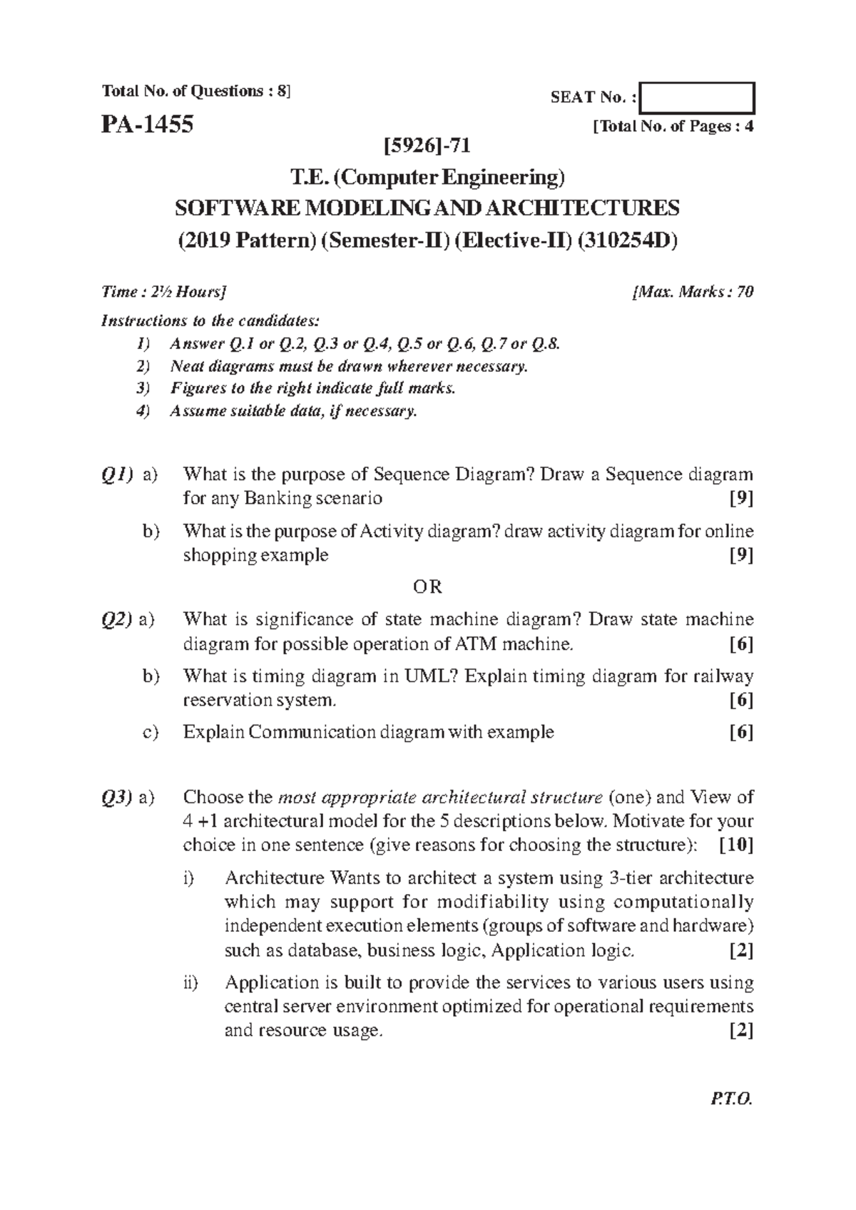 SMA T.E ( 2019 Pattern ) end sem SPPU QP3 - Total No. of Questions : 8 ...