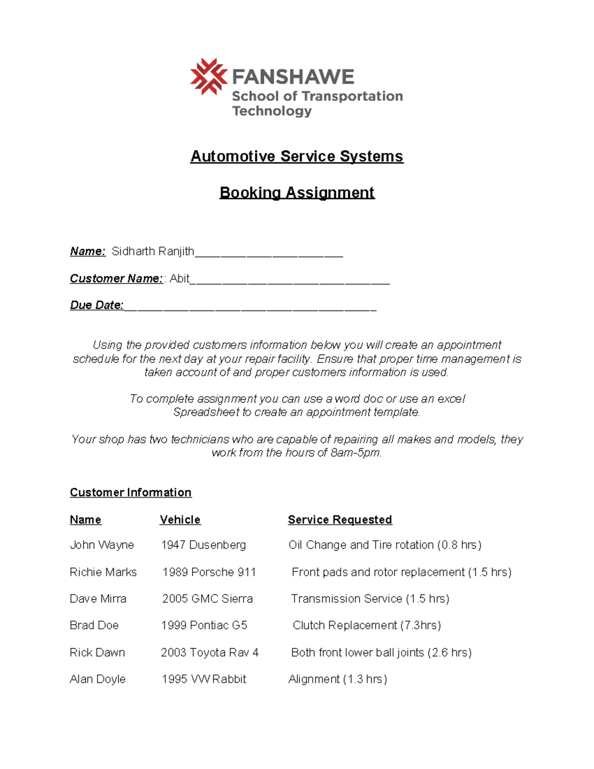 Booking Assignment - Automotive Service Systems Booking Assignment Name ...