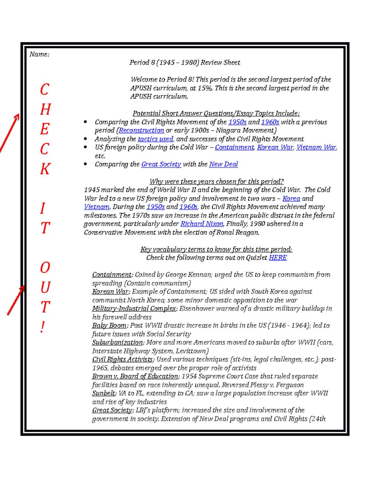 Apush Period 8 (1945 – 1980) Review Sheet - Name: Period 8 (1945 – 1980 ...
