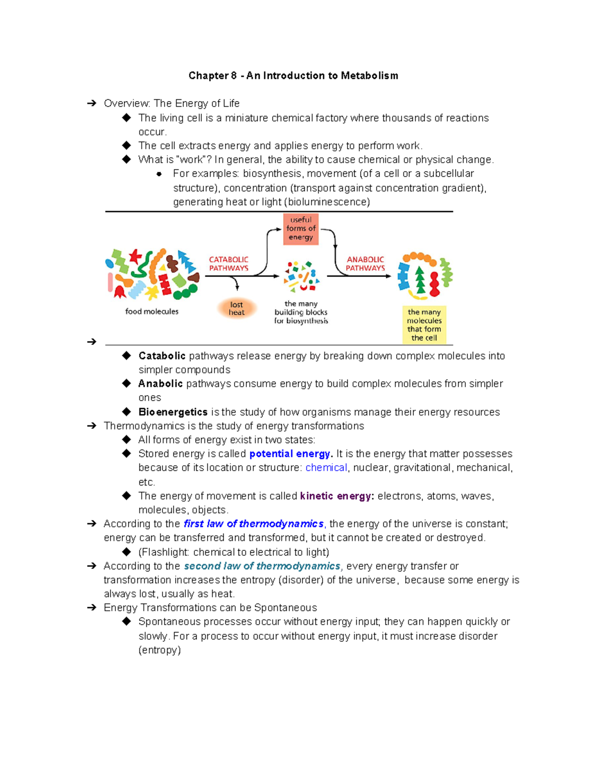 Bio test 3 lecture notes - Chapter 8 - An Introduction to Metabolism ...