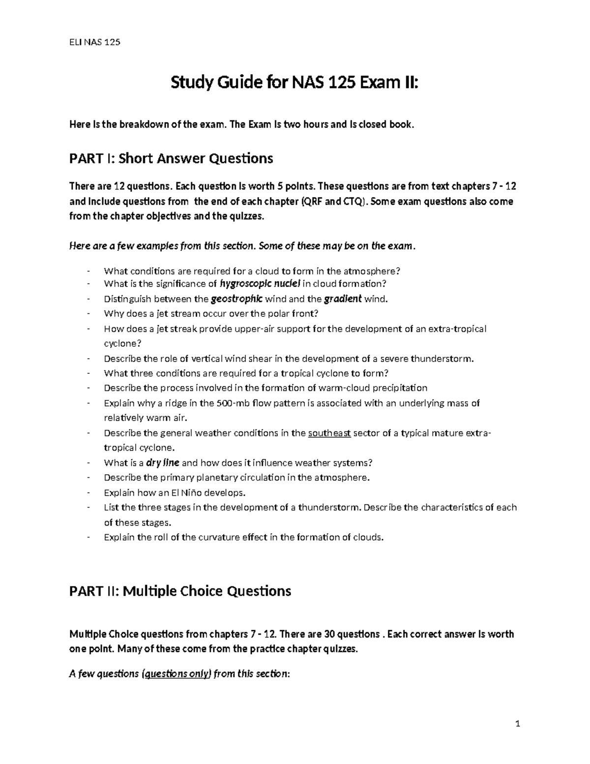 Study Guide for NAS 125 Exam II rev - ELI NAS 125 Study Guide for NAS ...