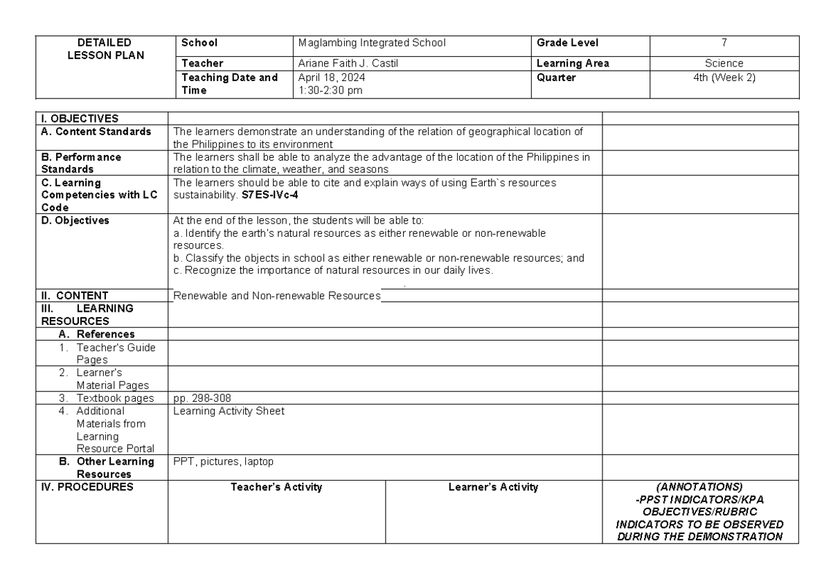 Natural resources with annotation - DETAILED LESSON PLAN School ...