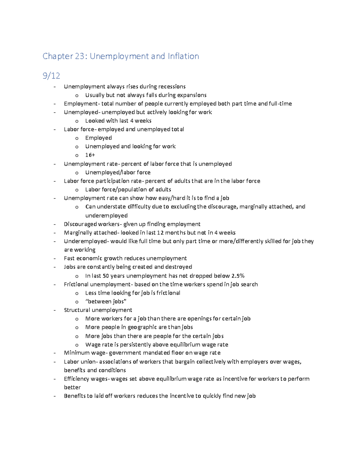 Macroeconmics Chapter 23 Class Notes - Chapter 23: Unemployment and ...
