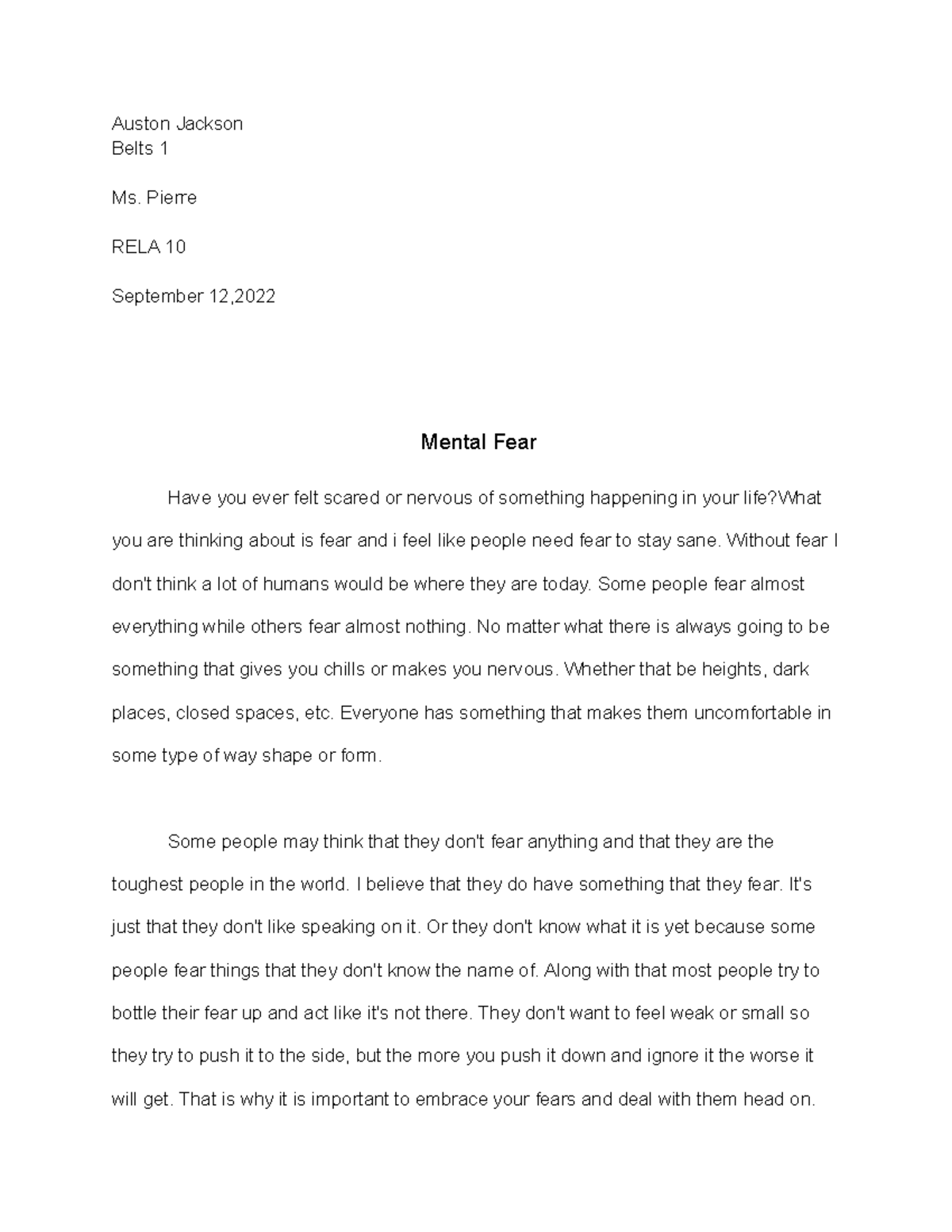 Fear Essay - Auston Jackson Belts 1 Ms. Pierre RELA 10 September 12 ...