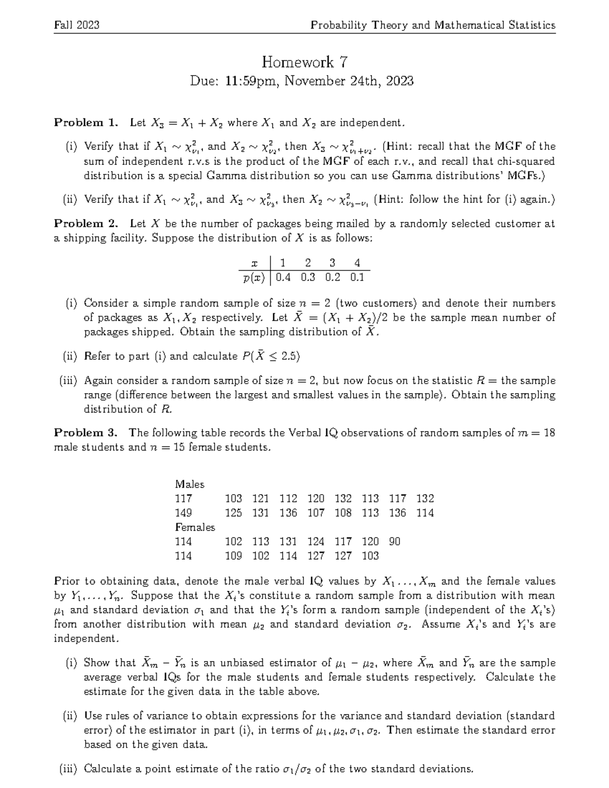 HW7 - HW7 - Fall 2023 Probability Theory and Mathematical Statistics ...