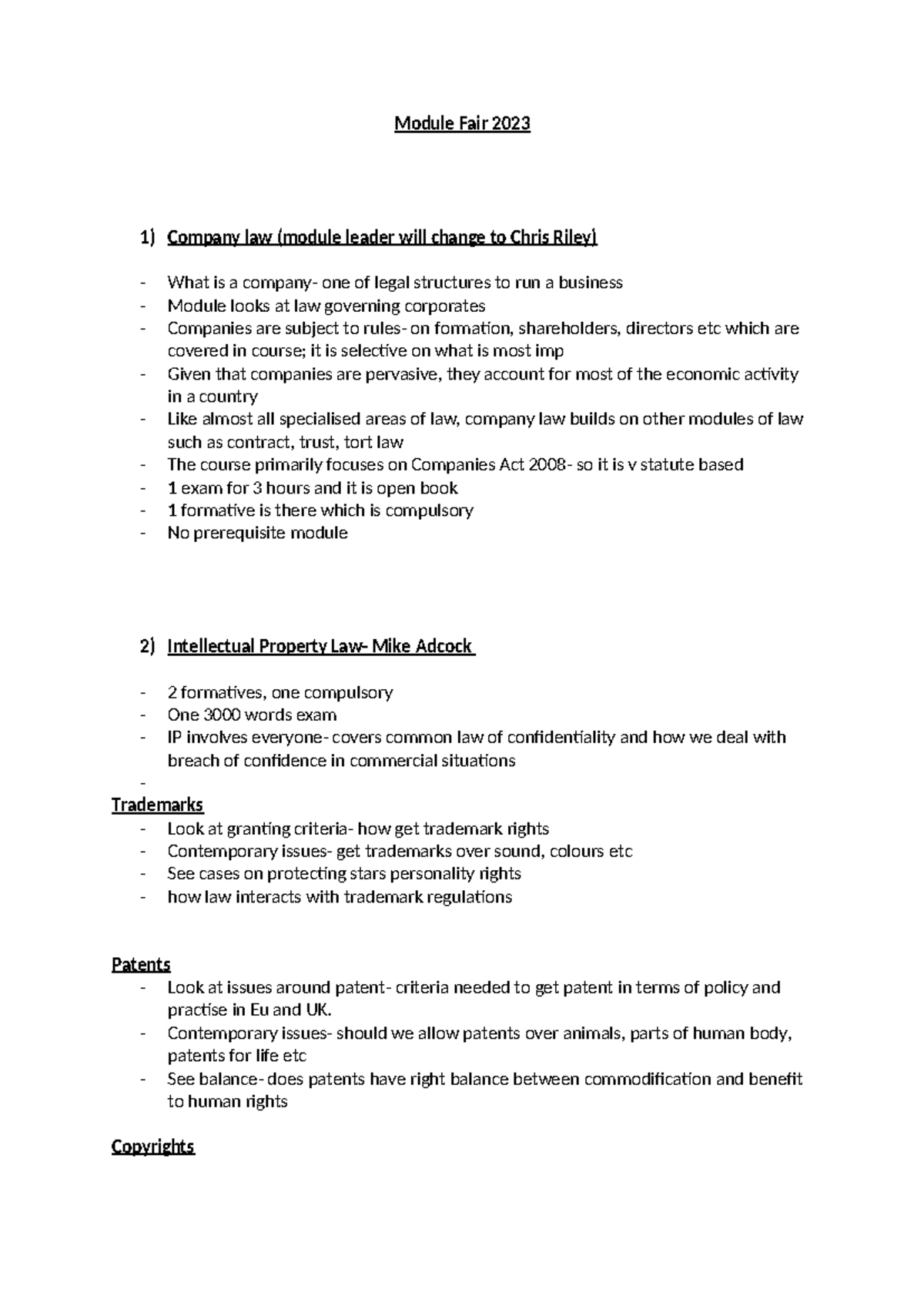 Module Fair 2023 - Module Fair 2023 Company law (module leader will ...