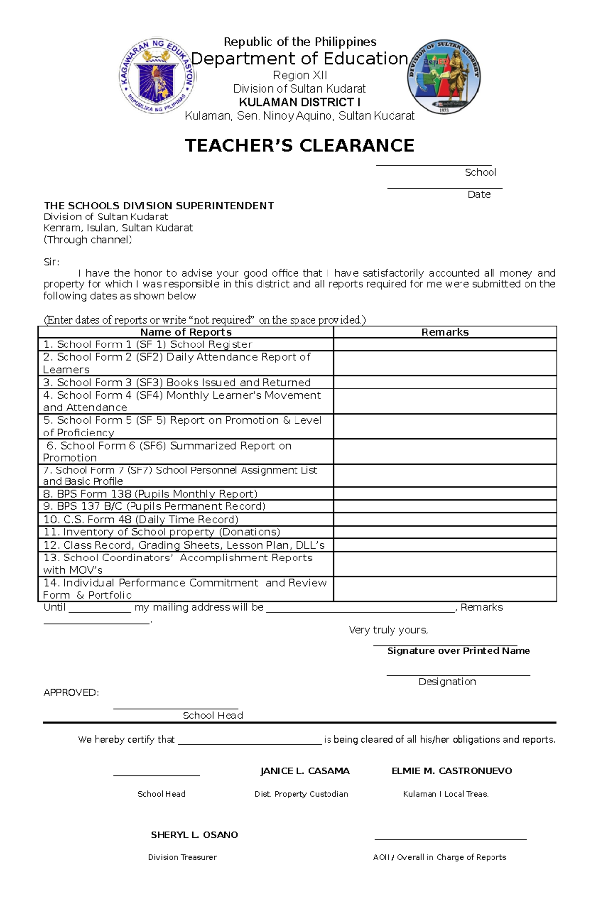 Teachers-Clearance - Im using as basis - Republic of the Philippines ...