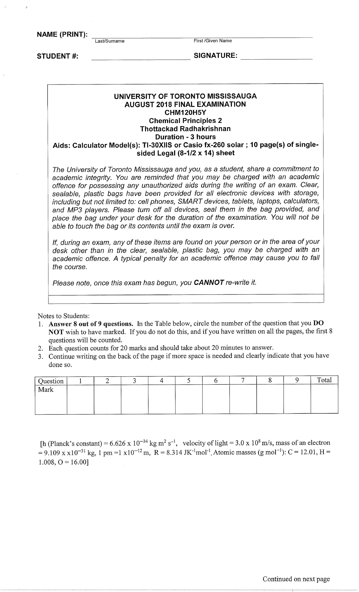 CHM120 past exam 4 - CHE 112 - Studocu