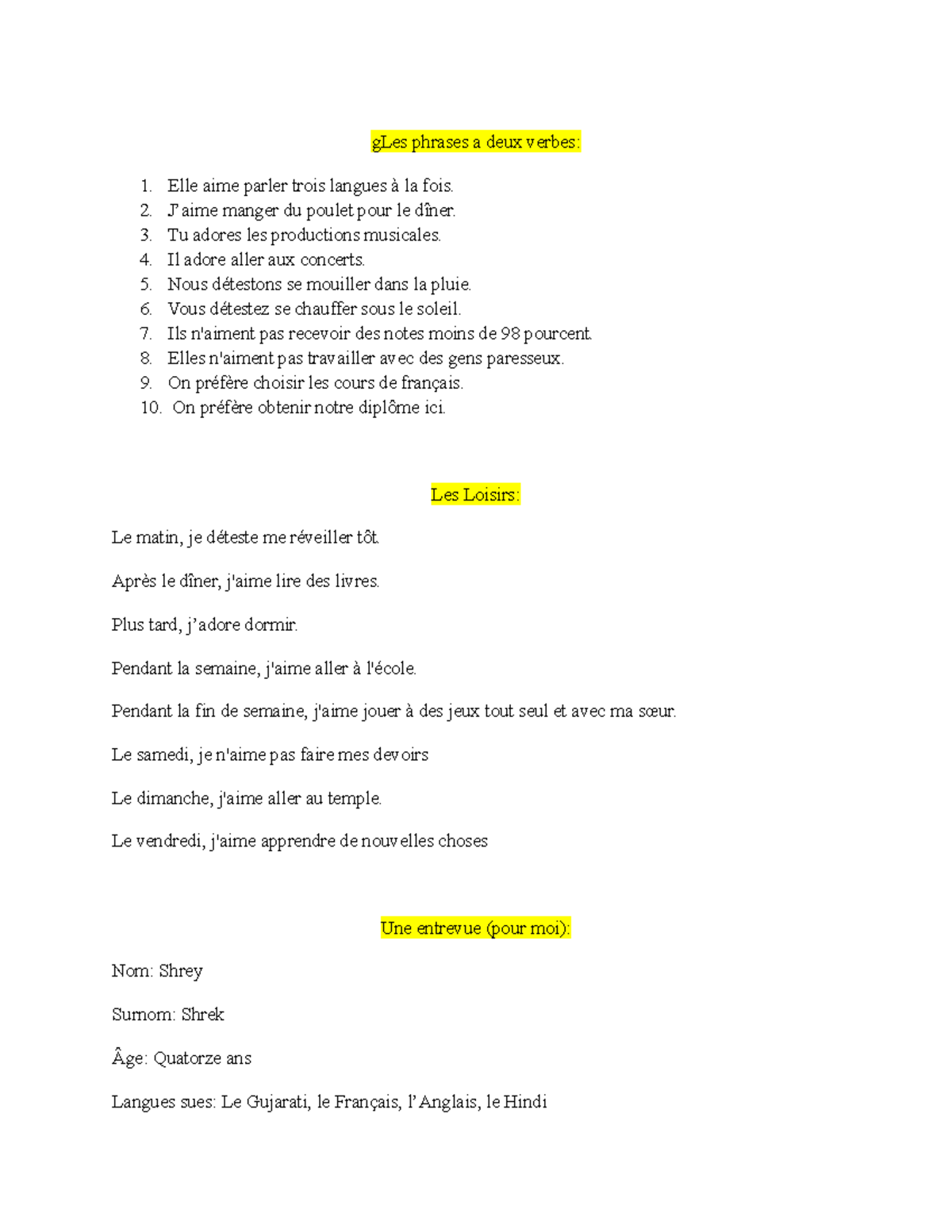 Grade 9 French All textbook Work - gLes phrases a deux verbes: Elle ...