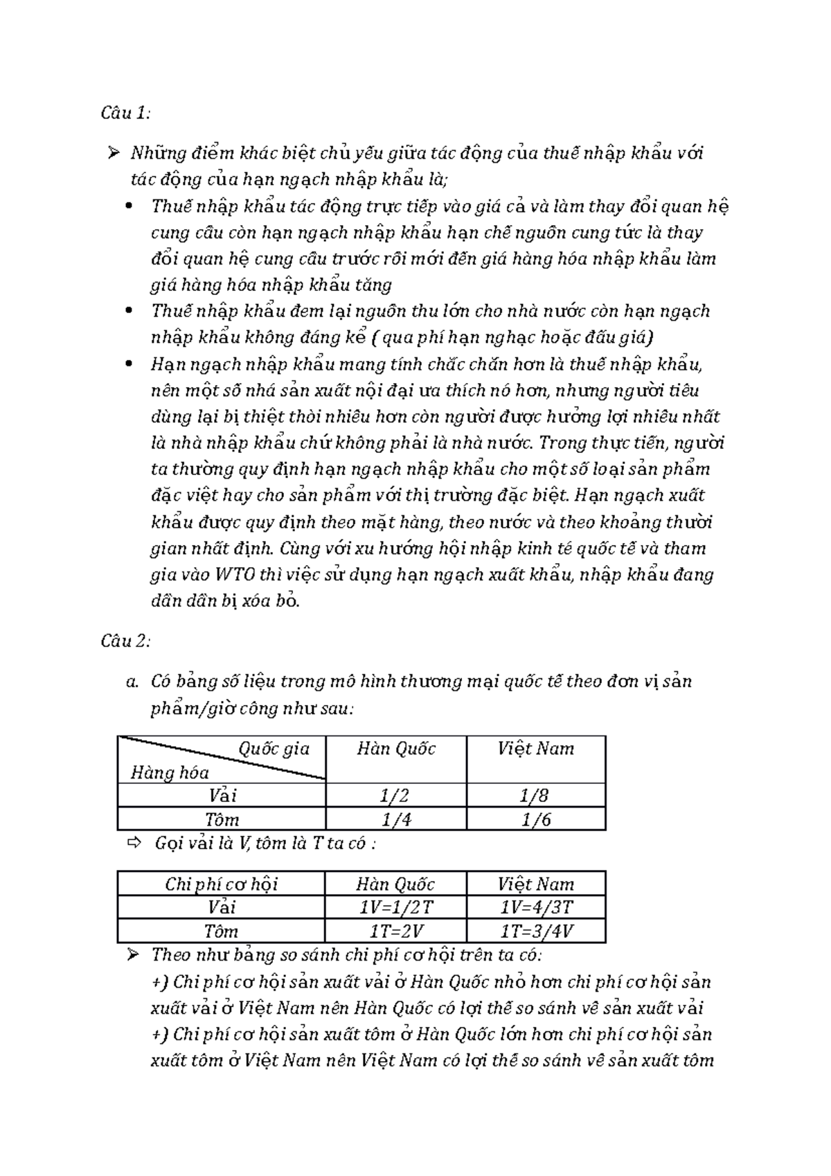 Ktra kinh te quoc te - Câu 1: Nh ng đi m khác bi t ch yếếu gi a tác đ ng c a thuếế nh p kh u v i ...