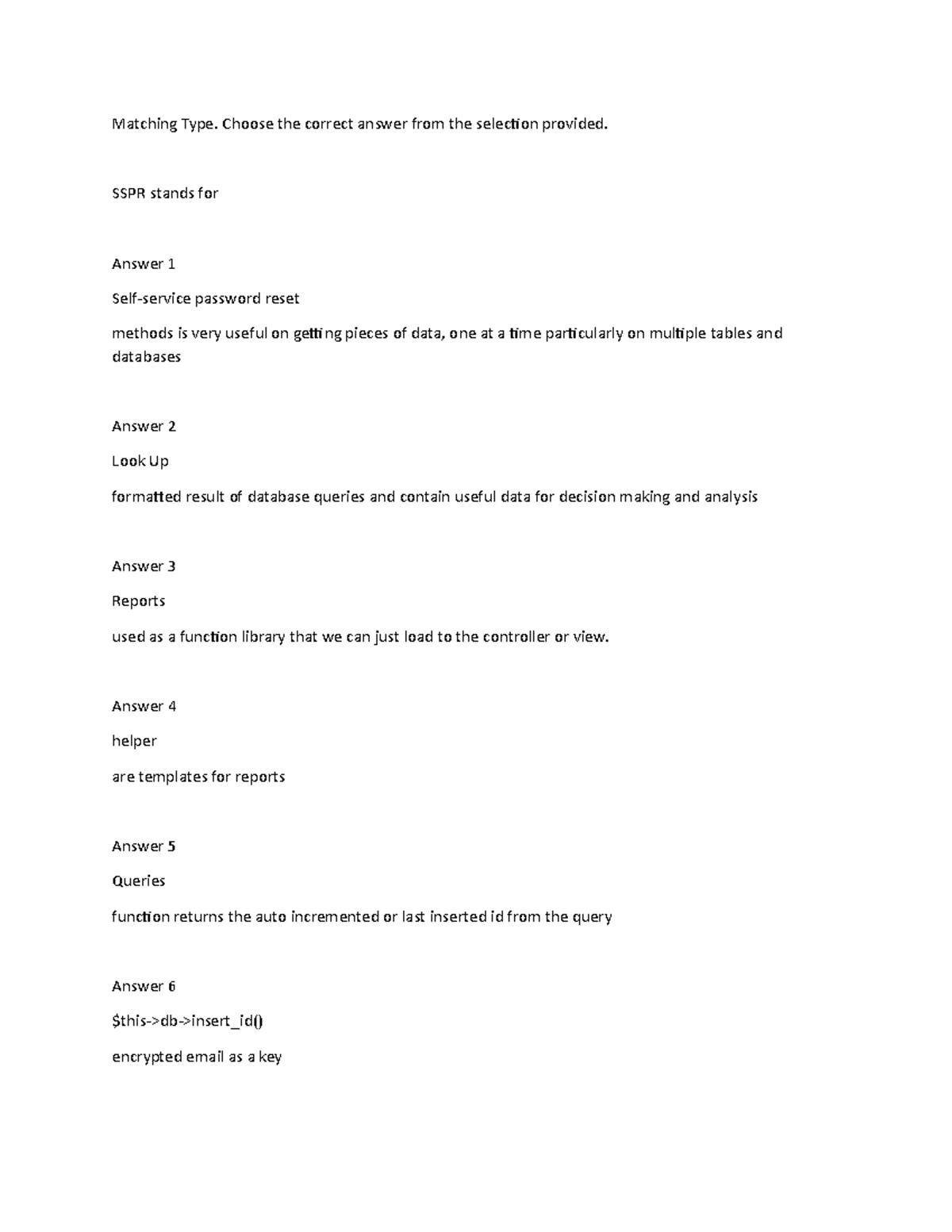 Web application midterm 2 - Matching Type. Choose the correct answer from the selection provided ...