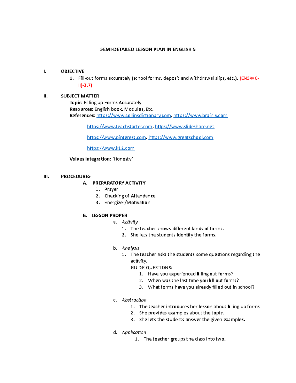 English 5 lp - example of lesson plan - SEMI-DETAILED LESSON PLAN IN ...