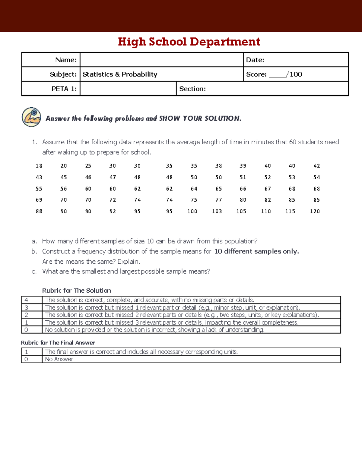 Statistics-Probability-PETA 1 - High School Department Name: Date ...