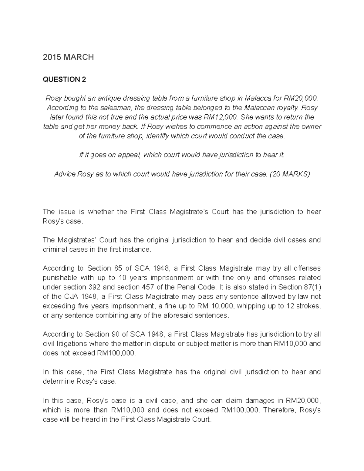 LAW 033 CHAP 5 - law033 chapter 5 - 2015 MARCH QUESTION 2 Rosy bought ...