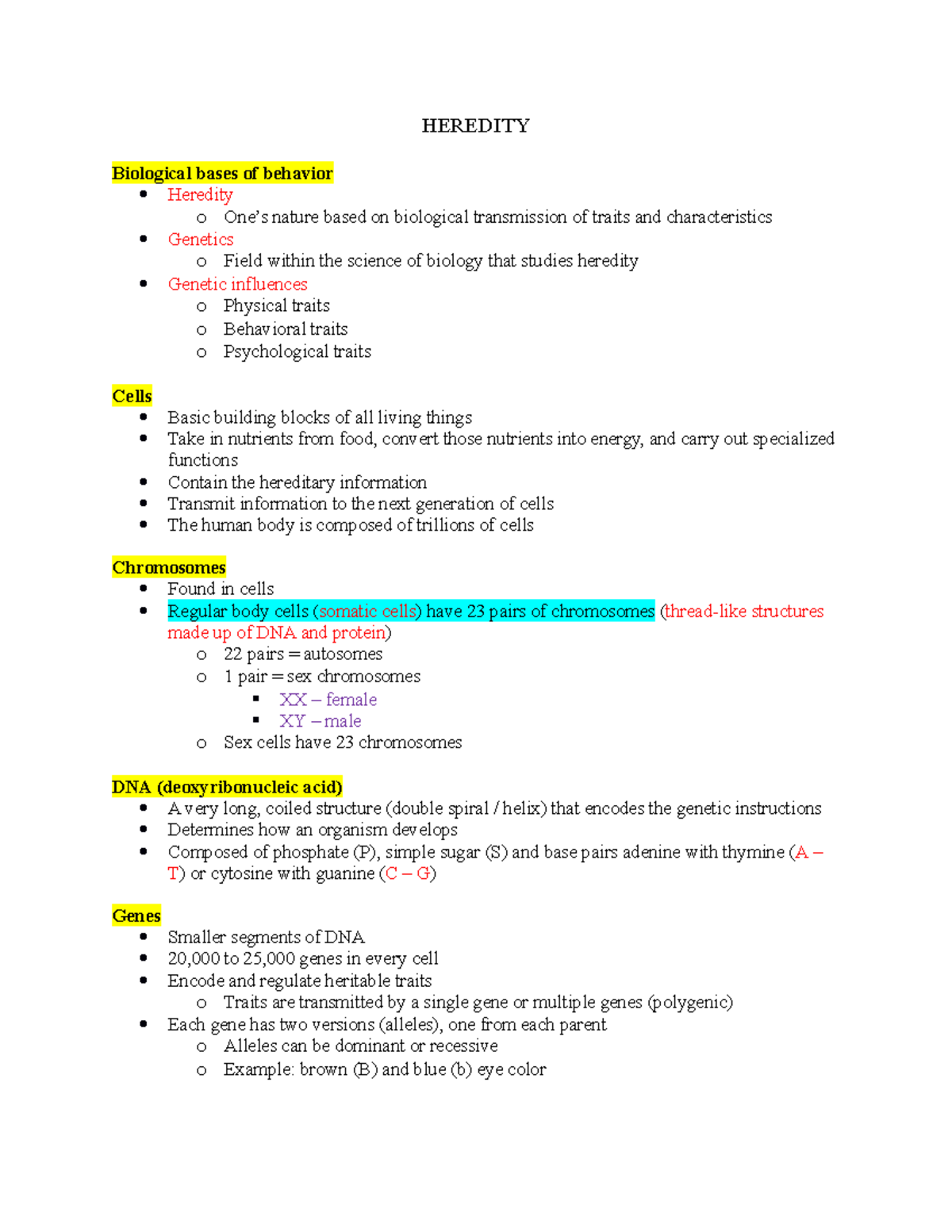 Heredity - Lecture notes 7 - HEREDITY Biological bases of behavior ...