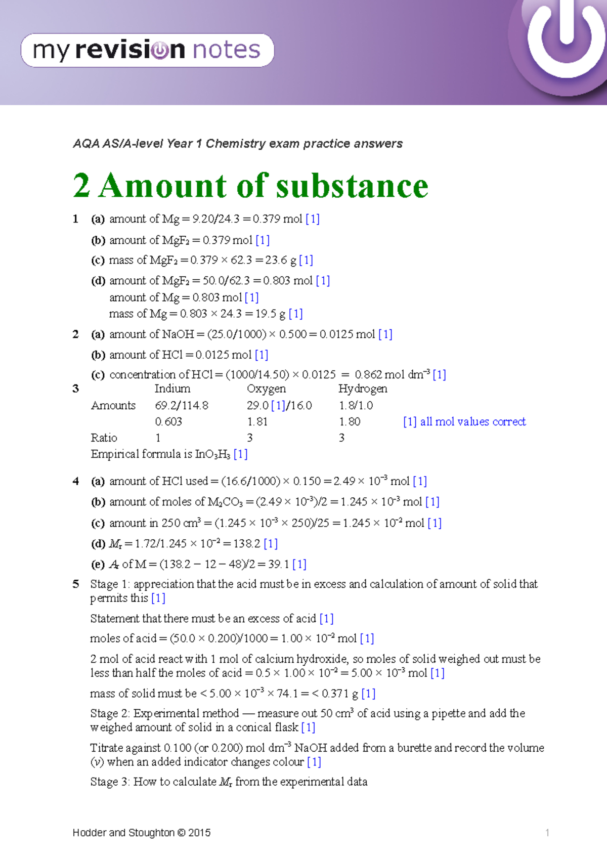 Exam practice answers 2 - 20/24 = 0 mol [1] (b) amount of MgF 2 = 0 mol ...