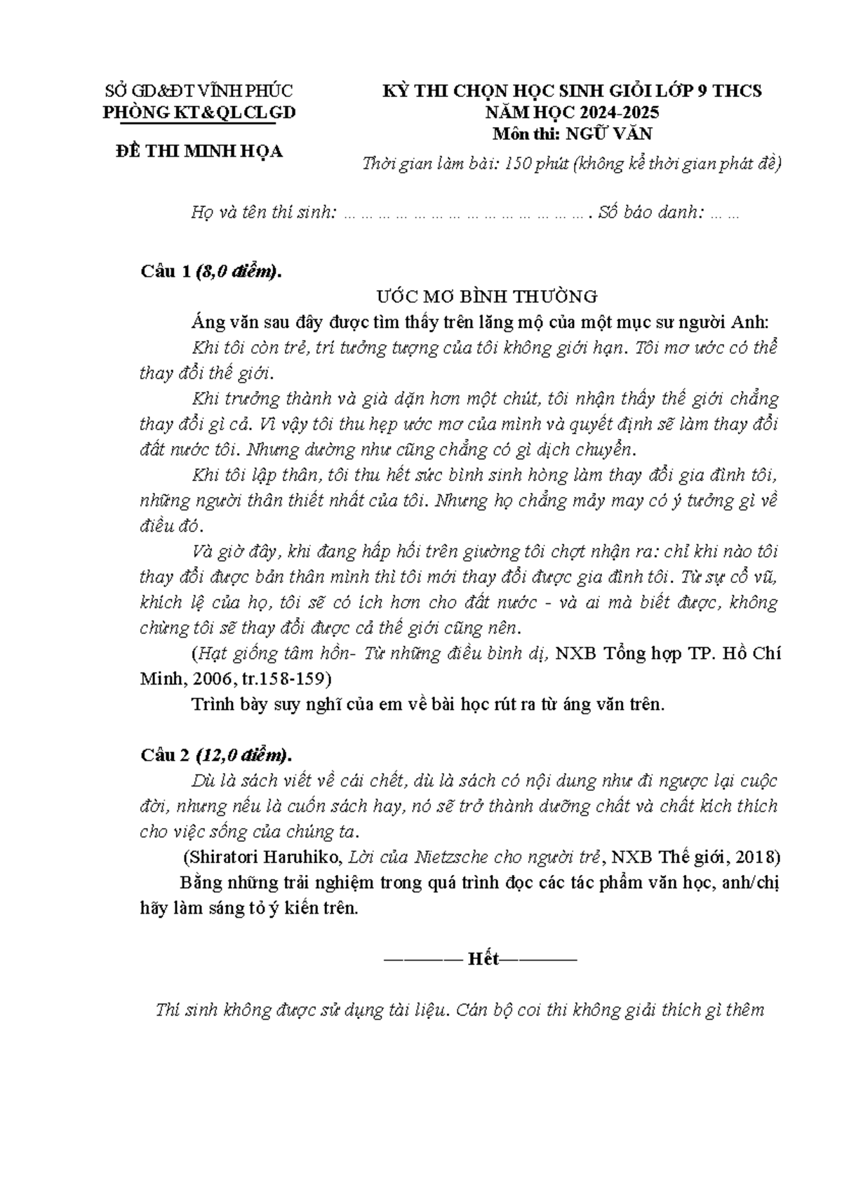 2. ĐỀ VĂN 9 tỉnh - hhhhhh - SỞ GD&ĐT VĨNH PHÚC PHÒNG KT&QLCLGD ĐỀ THI ...