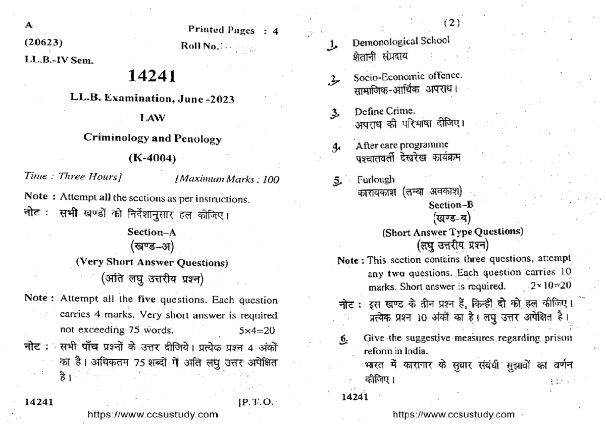 Llb 4 sem law criminology and penology 14241 jun 2023 - LLB - Studocu