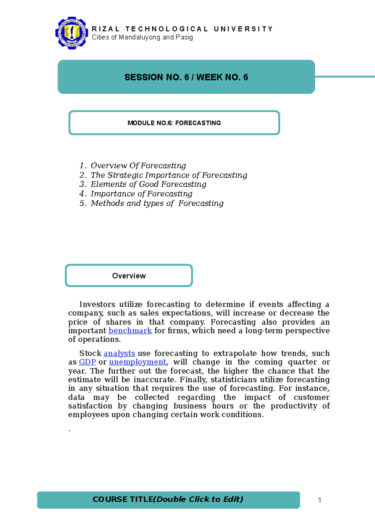 Module-6-Forecasting - Overview Of Forecasting The Strategic Importance of Forecasting Elements ...