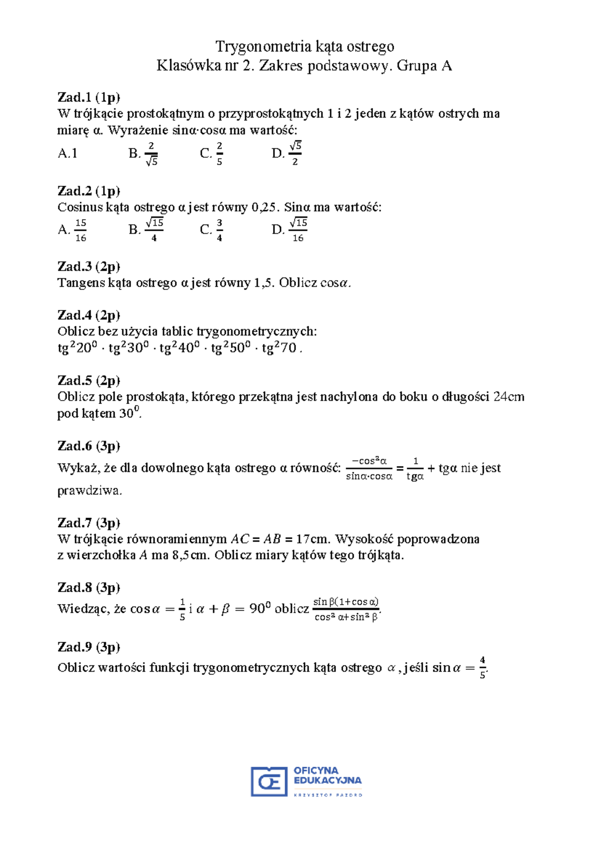 2019 2 klasowka kl1 trygonometria zp ab wer2 - Trygonometria kąta ...