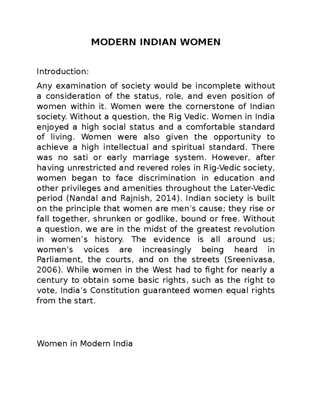 Modern Indian Women - Lecture notes 2 - MODERN INDIAN WOMEN ...