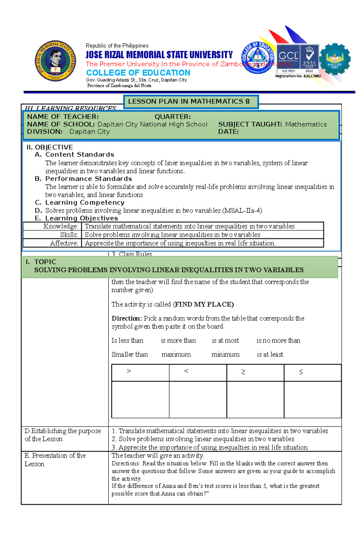 LP-2-eduard - lesson plan - Republic of the Philippines JOSE RIZAL ...