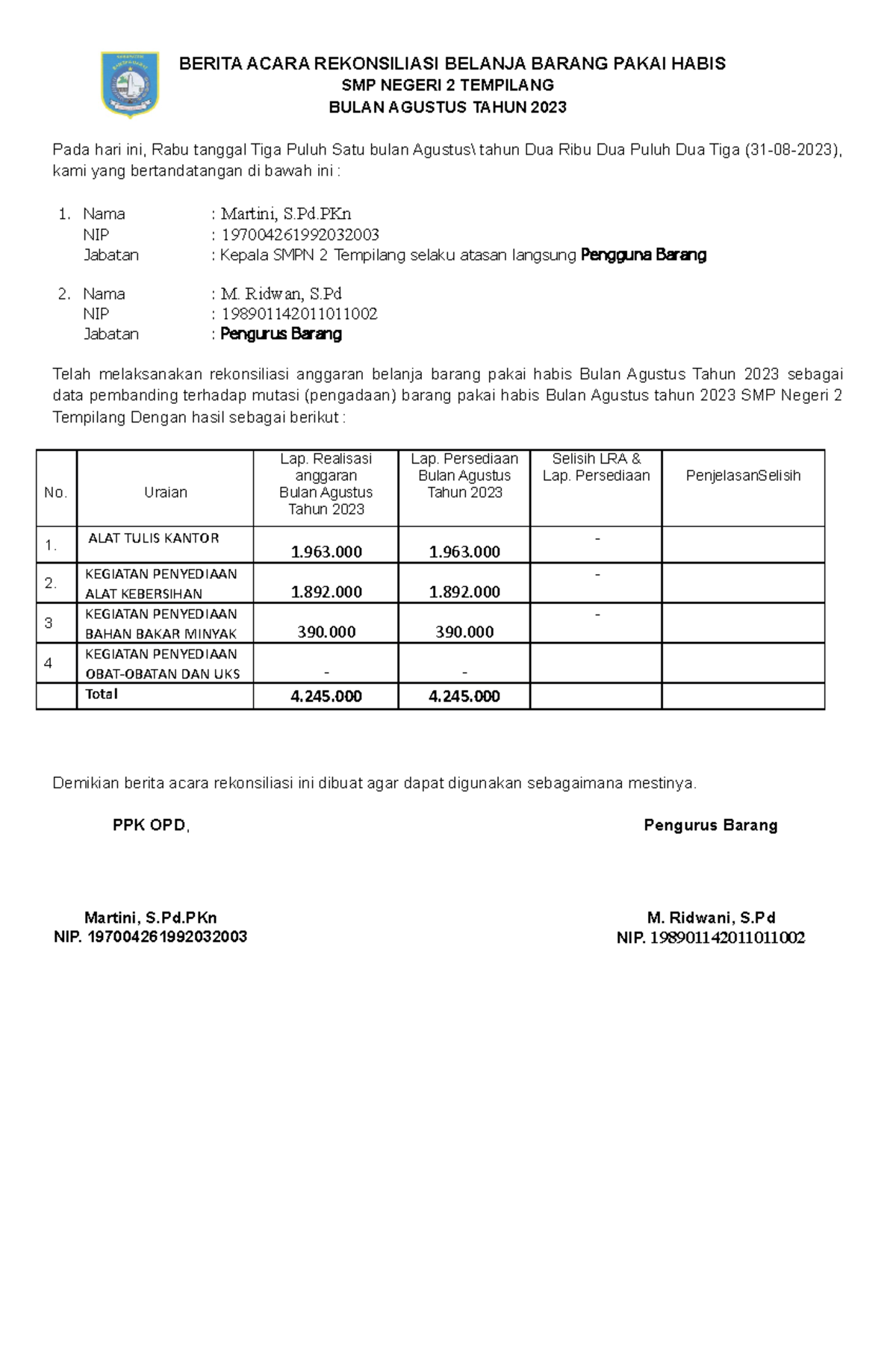 Format BA Rekon Laporan Persediaan S2 Semester 1 2022 - BERITA ACARA ...