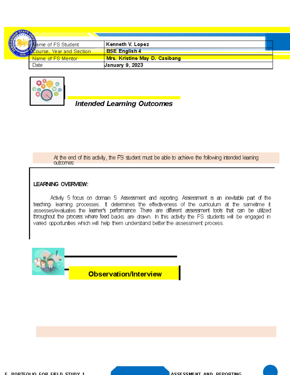 FS1 Activity 5 Lopez - Observation/Interview ####### Name of FS Student ...